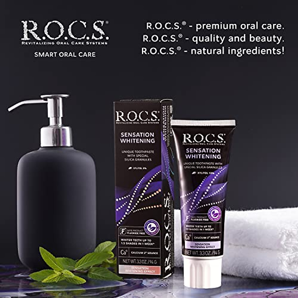 R.O.C.S. Toothpaste - Plaque Removal with Silica Cleaning Granules - Enjoy White Bright Strong Teeth and Healthy Gums - Natural Non-Fluoride Oral Care (Sensation Whitening, Pack of 1)