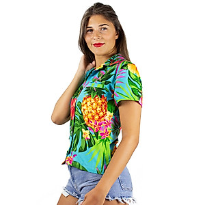 KING KAMEHA Women's Summer-Party-Blouses-Shirts Short-Sleeve, Pineapple, Turquoise, L