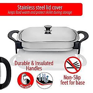 Maxam 16-Inch Electric Skillet - Rectangular Stainless Steel Pan with Handles and Lid Cover