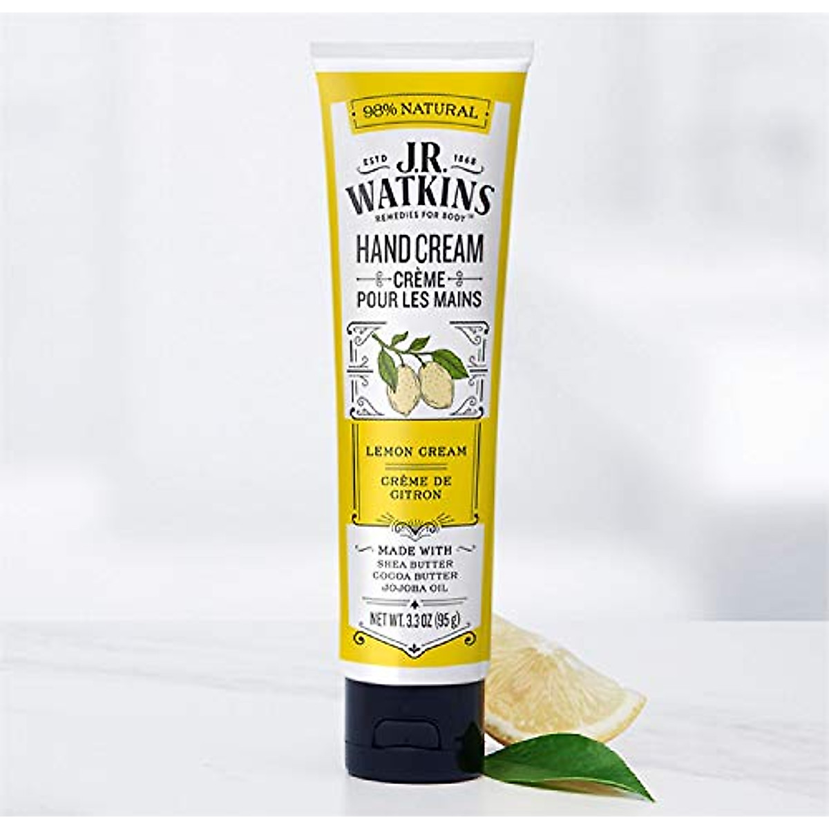 J.R. Watkins Natural Moisturizing Hand Cream, Hydrating Hand Moisturizer with Shea Butter, Cocoa Butter, and Avocado Oil, USA Made and Cruelty Free, 3.3oz, Lemon Cream, Single