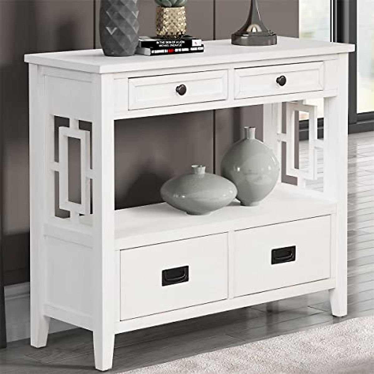 LKTART 36'' Antique White Farmhouse Pine Wood Buffet Sideboard Storage Cabinet with 4 Drawers and 1 Storage Shelf Sideboard Entry Console Table for Living Room Dining Room Kitchen Hallway Entryway