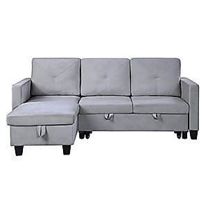 GLANZEND Velvet Convertible Sleeper, L-Shape 3 Seater Reversible Sectional Couch with Storage Chaise, Pull-Out Sofa Bed for Living Room, Small Apartment, Dorm, Light Gray, 60 Inch