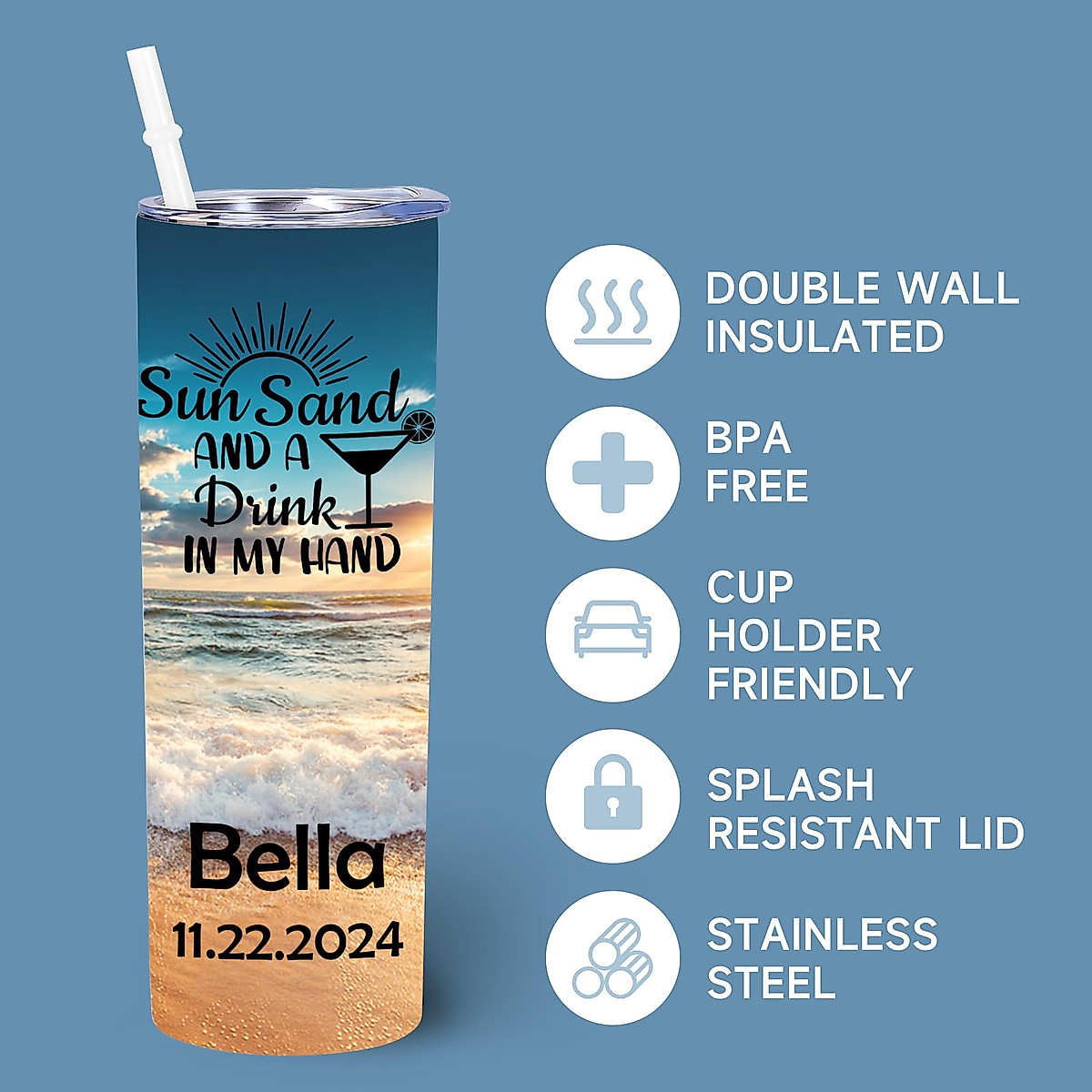 Custom Beach Tumblers for Women Cute Girl's Trip Cups Tumbler Personalized Insulated Tumbler Cup with Lid Straw for Friends Girls Trip Favor Gifts 2025 Bachelorette Trip Gift Family Vacation Cups