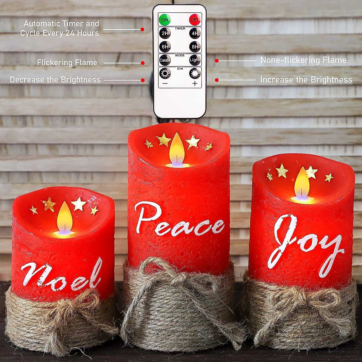 FLAVCHARM Holiday Flameless Candles, Peace Joy Noel with Rope Red LED Flickering Candles Battery Operated with Remote Control, Christmas Decoration for Home, Tablecenter, Bedroom, Bar Party