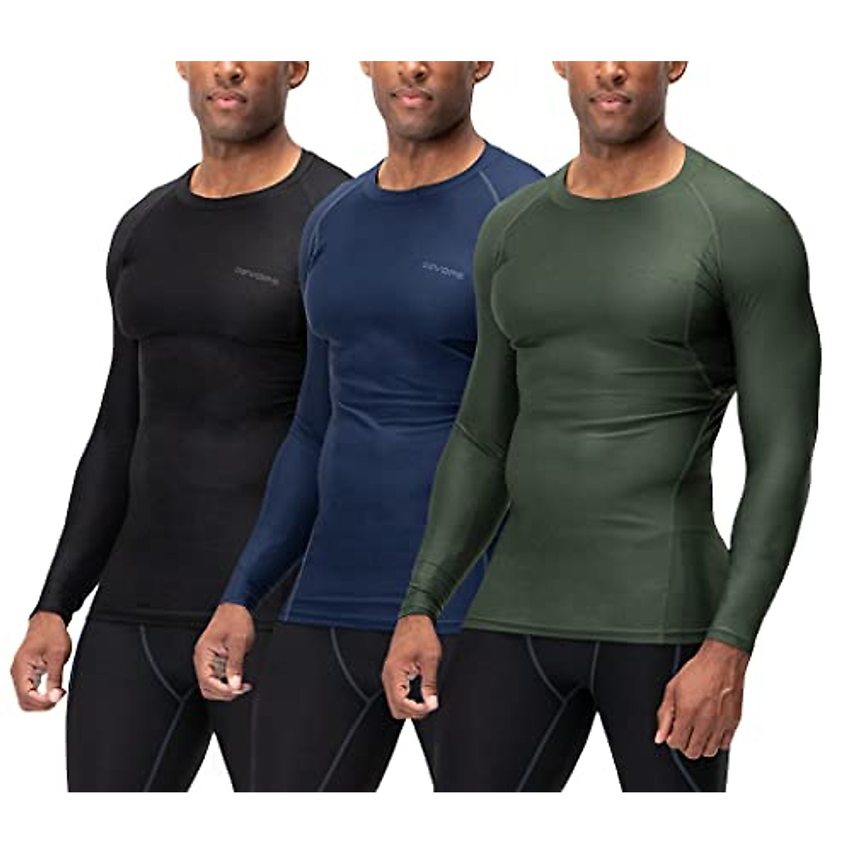 DEVOPS 3 Pack Men's UPF 50+ Long Sleeve Compression Shirts Quick Dry, Cool Gear for Garage Garden Gym Yard and Workouts (Medium, Black-Khaki-Navy)