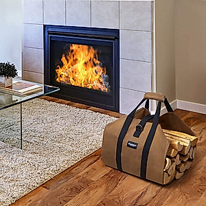 AMAGABELI GARDEN & HOME Fireplace Carrier Waxed Canvas Fire Place Sturdy Wood Carring Bag with Handles Security Strap for Camping Indoor Firewood Logs Tote Log Holder Birchwood Stand