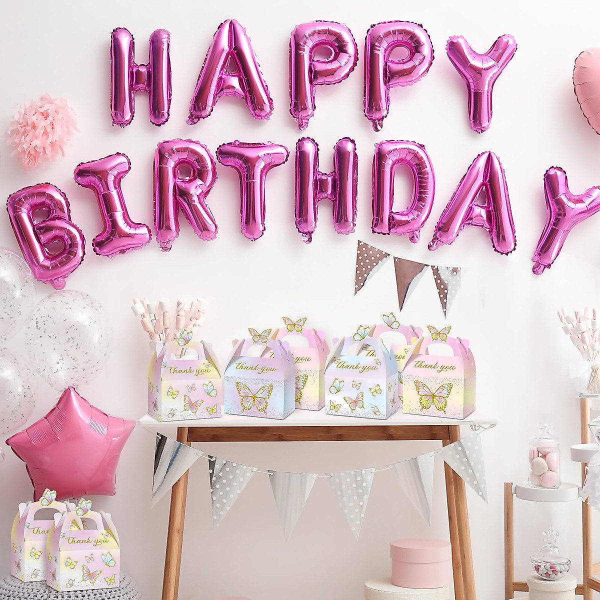 Nezyo 24 Pcs Butterfly Party Favor Treat Boxes, Pink and Purple Butterfly Floral Goodie Gable Candy Box Paper Gift Box for Birthday Party Supplies Baby Shower Wedding Party (Vivid Style, 24 Pcs)