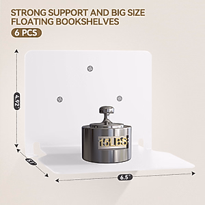 Invisible Floating Bookshelves for Wall, Set of 6 Heavy-Duty Floating Bookshelf Wall Mounted, Large Size Iron Wall Shelves Book Shelf Organizer for Bedroom Living Room Office Wall Decor (White)