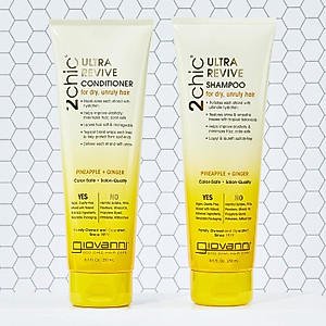 GIOVANNI 2chic Ultra-Revive Shampoo - Pineapple & Ginger to Moisturize Dry Unruly Hair, Coconut, Guava, Aloe Vera, Pro-Vitamin B5, Lauryl & Laureth Sulfate Free, No Parabens, Color Safe - 24 oz