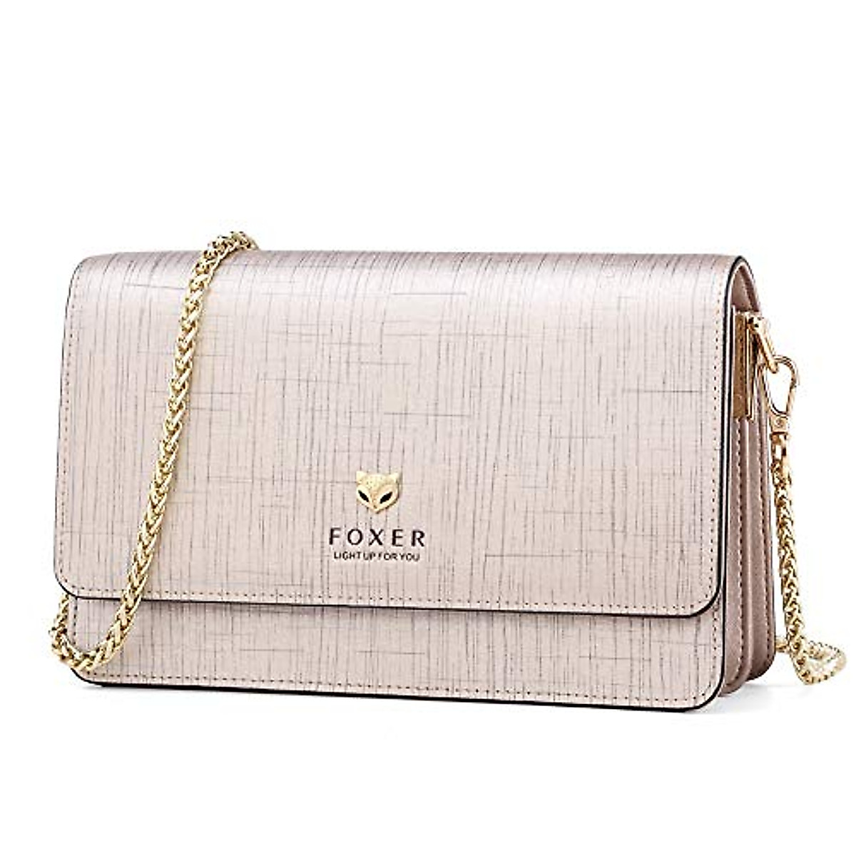 FOXER Small Crossbody Purse for Women, Saffiano Leather Ladies Mini Shoulder Chain Bag (Gold)