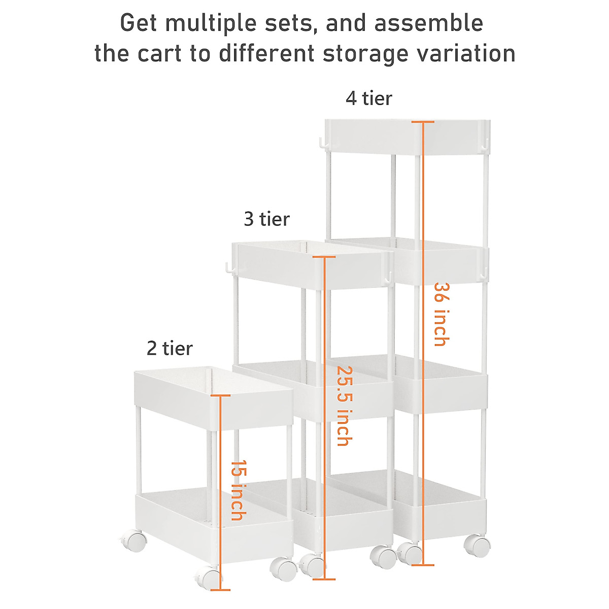 CAXXA 3 Tier Slim Mobile Utility Cart Rolling Cart ,Plastic Basket Storage Organizer, for Kitchen Laundry Bathroom Living Room Narrow Place Slide Out Storage Cart with Casters (White, 15.75Lx7W)