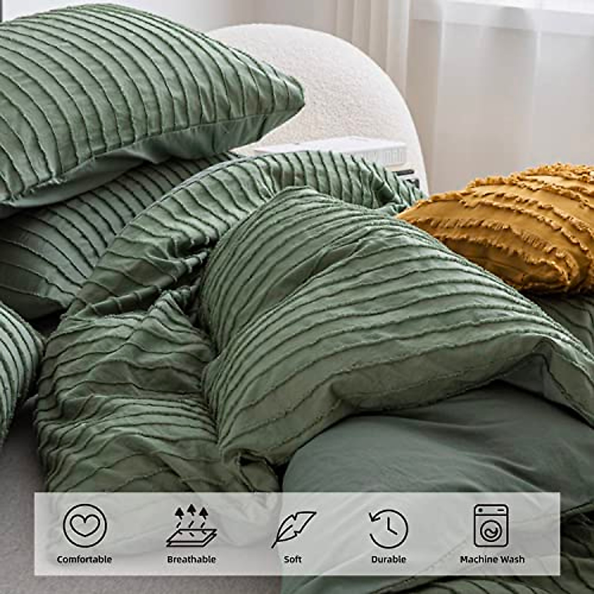 JELLYMONI Green Duvet Cover King Size - 3PCS Microfiber , Boho Striped Tufted Textured Duvet Cover with Corner Ties & Zipper Closure