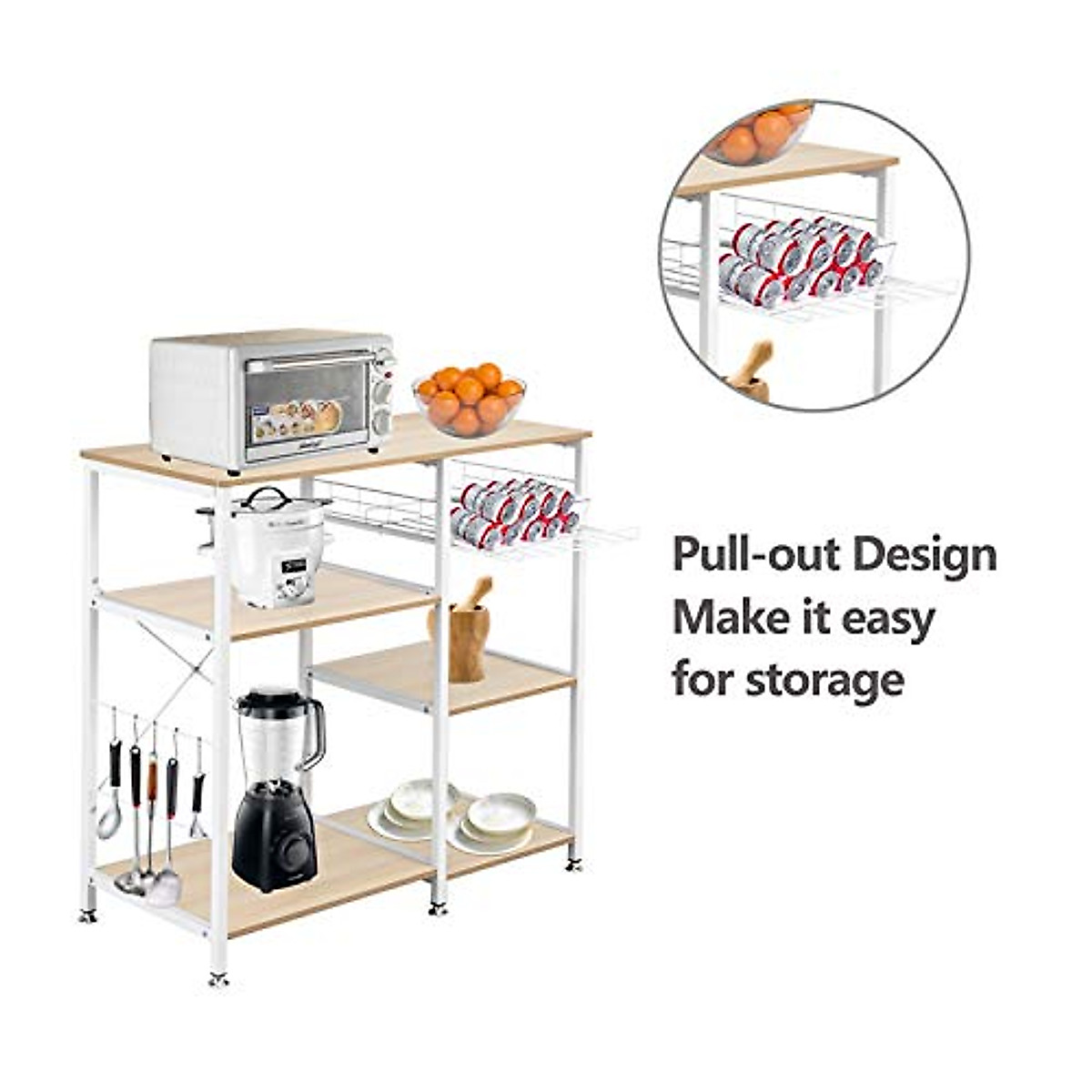 Baker's Rack 3 Tier Utility Storage Shelves with 5 Hooks Standing Storage Rack Floor Spice Rack Storage Shelf Organizer and Shelving Heavy Duty for Kitchens Microwave Living Room Bedroom (White)