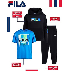 Fila Boys' Active Sweatsuit Set - 3 Piece Performance Hoodie Sweatshirt, Jogger Sweatpants, T-Shirt - Activewear Set (8-12), Size 10, Black