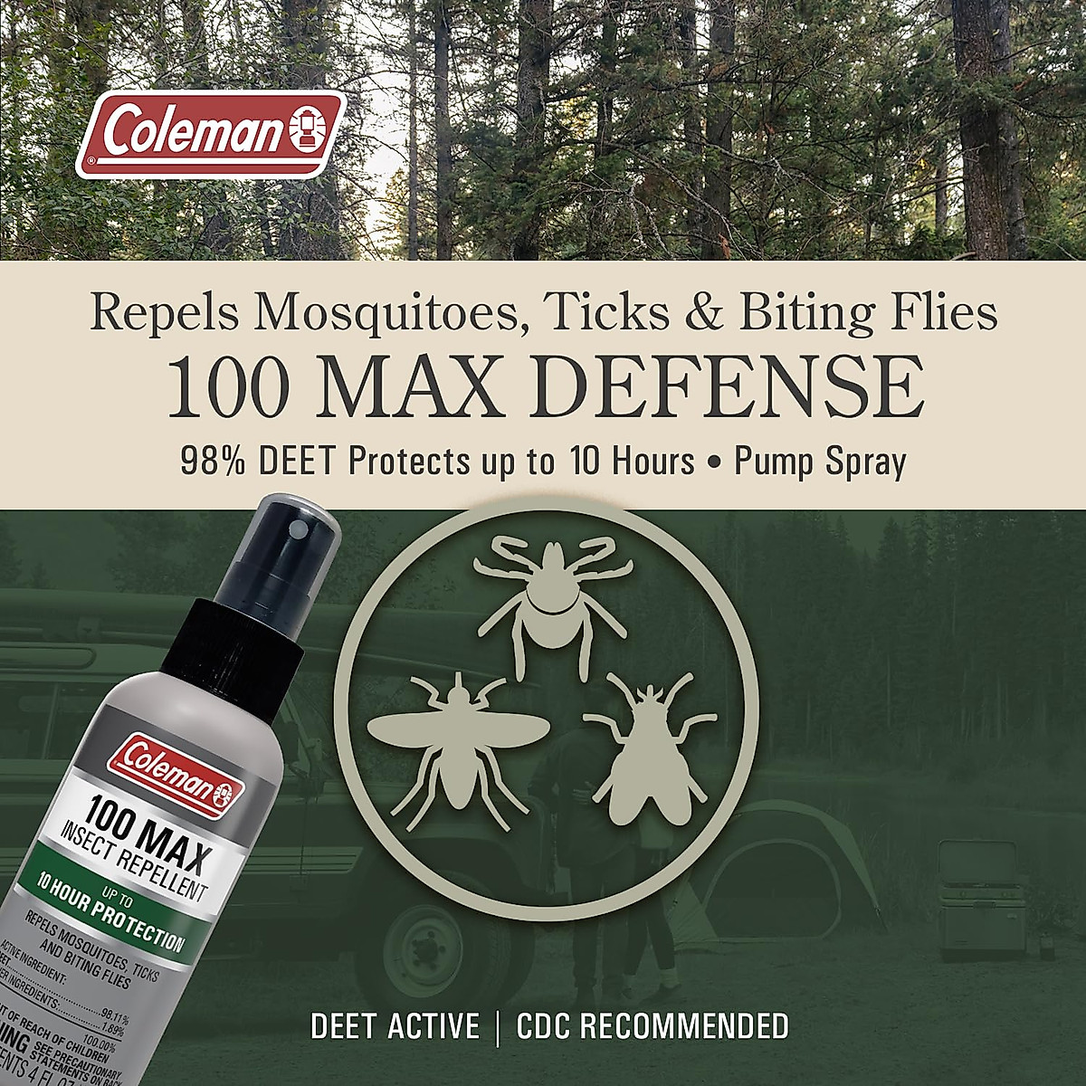 Coleman Insect Repellent Spray - 100% MAX DEET Insect Repellent Pump Spray, Protection Against Ticks, Mosquitoes, chiggers, gnats, Fleas and Flies, Ideal for Camping, Hiking, Outdoor Activities, 4oz