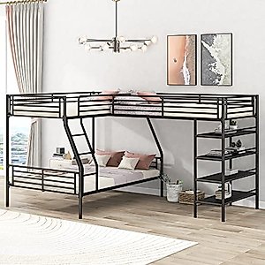 TARTOP L Shaped Bunk Bed for 3, Metal Triple Bunk Bed, Heavy-Duty Steel Frame Twin Over Full Bunk Bed and Twin Size Loft Bed with Four Built-in Shelves for Bedroom, Dorm, Boys, Girls, Adults,Black