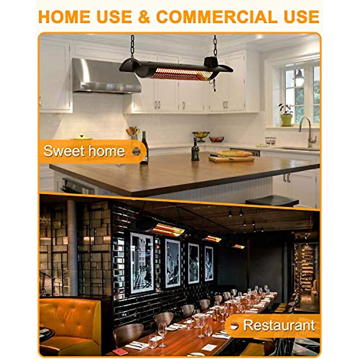 Star Patio Electric Patio Heater, Outdoor Heater, 750W/1500W Ceiling Infrared Heater with Rectangular Shape, Black, Silent Heating Hanging Patio Heater, IP44 Waterproof Outdoor Heaters, STP2066-C