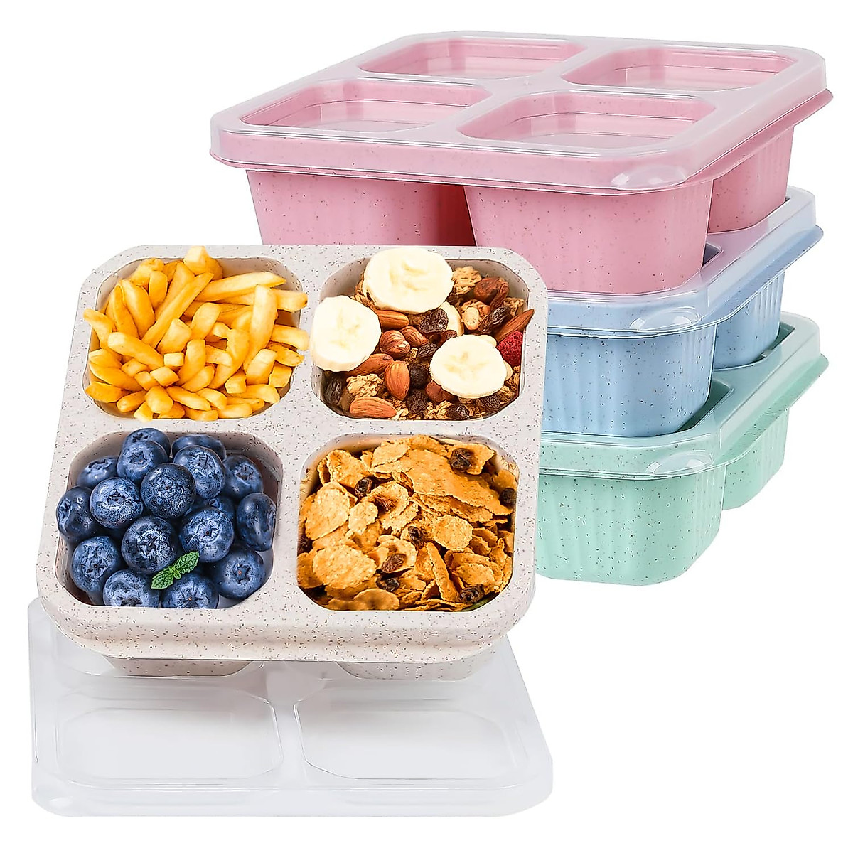 Waritili 4 Pack Snack Containers - Stackable Bento Boxes with 4 Compartments, Reusable Divided Food Containers for Party, Work, Travel, BPA FREE