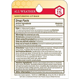 Burt's Bees All Weather SPF 15 Lip Balm, Water-Resistant Lip Moisturizer, Tint-Free, Natural Conditioning Lip Treatment, 1 Tube, 0.15 oz.