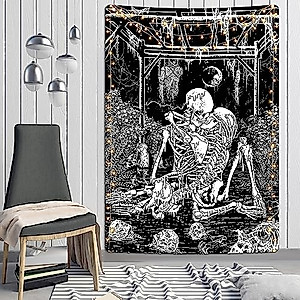Uspring Skull Tapestry Kissing Lovers Tapestries Black and White Sketelon Tapestry Gothic Moon Tapestry for Bedroom Aesthetic Wall Hanging decor (51.2 x 59.1 inches)