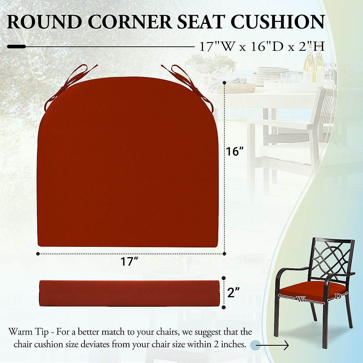 Wellsin Outdoor Chair Cushions for Patio Furniture - Patio Chair Cushions Set of 6 - Waterproof Round Corner Outdoor Seat Cushions 17"X16"X2", Brick Red