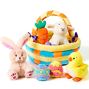 JOYIN 7 Pcs Easter Basket Plushies playset Easter Basket Stuffers Toys for Easter Party Favors Plush Easter Basket for Kids of All Ages