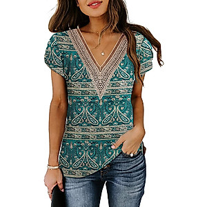 ETCYY Womens Summer Tops 2024 Trendy Casual Cap Sleeve Tops Striped Print Cute Tops Petal V Neck Short Sleeve Shirts(L.Flower Retro)