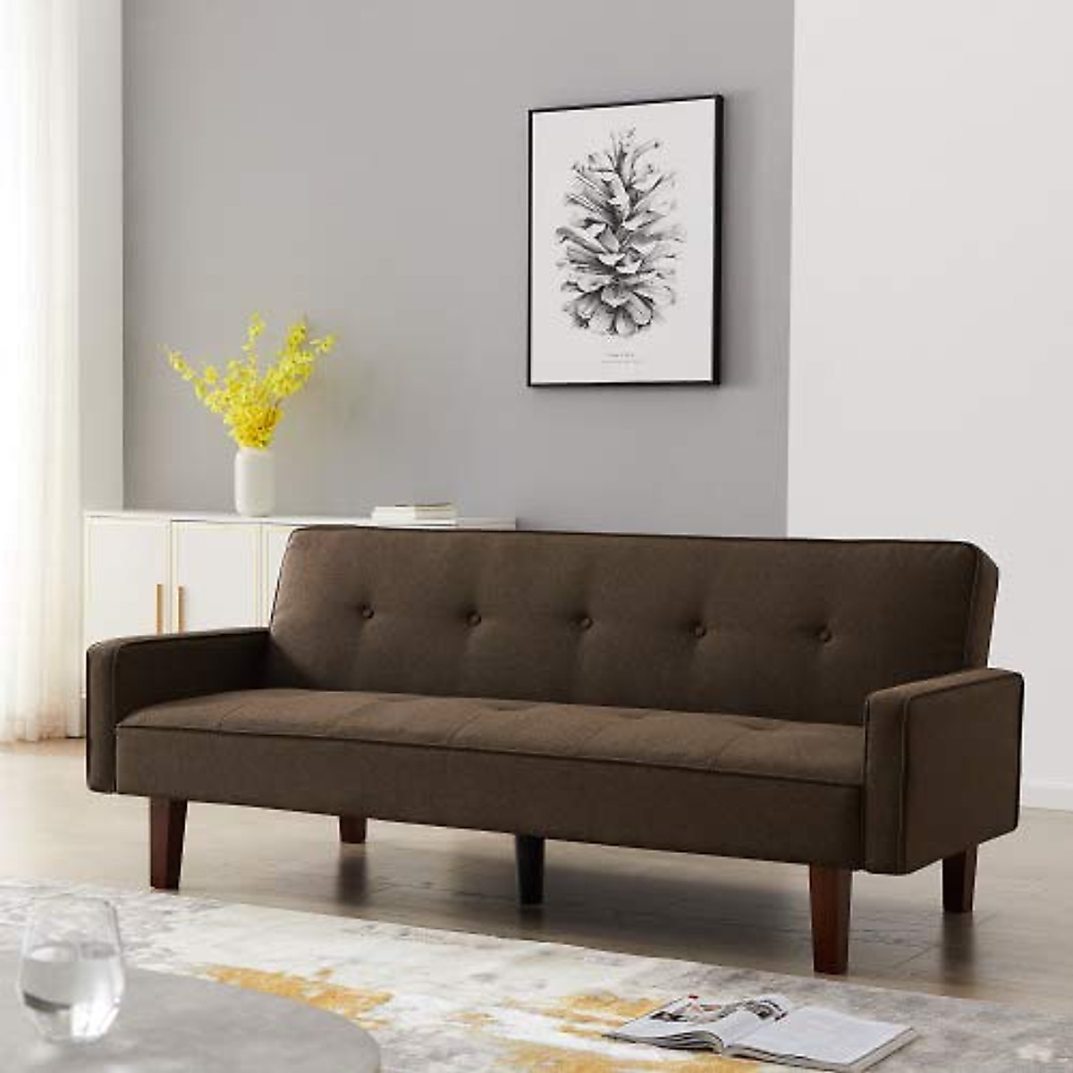 Modern Upholstered Fabric Folding Futon Sofa Bed for Compact Living Space, Apartment, Dorm, Convertible Sleeper Sofa Couch Home Recliner Lounge with Armrest, Square Wooden Legs and Center Leg (Brown)