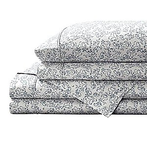 Brielle Printed 100% Cotton Percale Sheet Set, Blue Vines, Queen