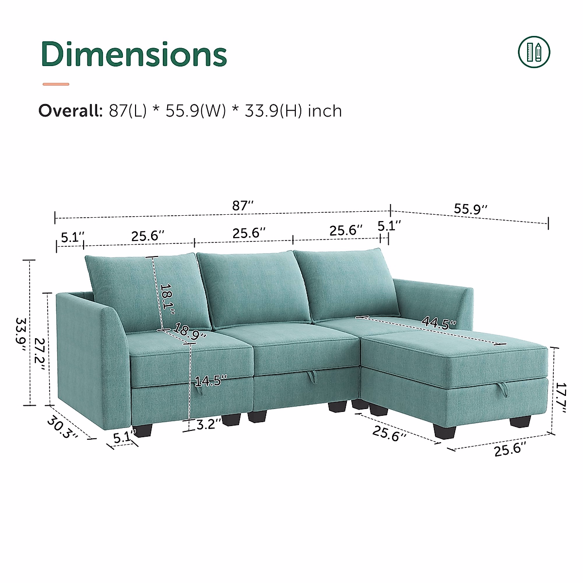 HONBAY Reversible Sectional Sofa Couch, Modern Apartment L-Shaped Couch Modular Sectional Sofa with Storage, Aqua Blue
