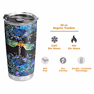64HYDRO 20oz Dragonfly Gifts for Women, Valentines Day Gifts for Her, Coffee Thermos, Coffee Gifts for Women, Inspirational Blue Flower Dragonfly Tumbler Cup, Insulated Travel Coffee Mug with Lid