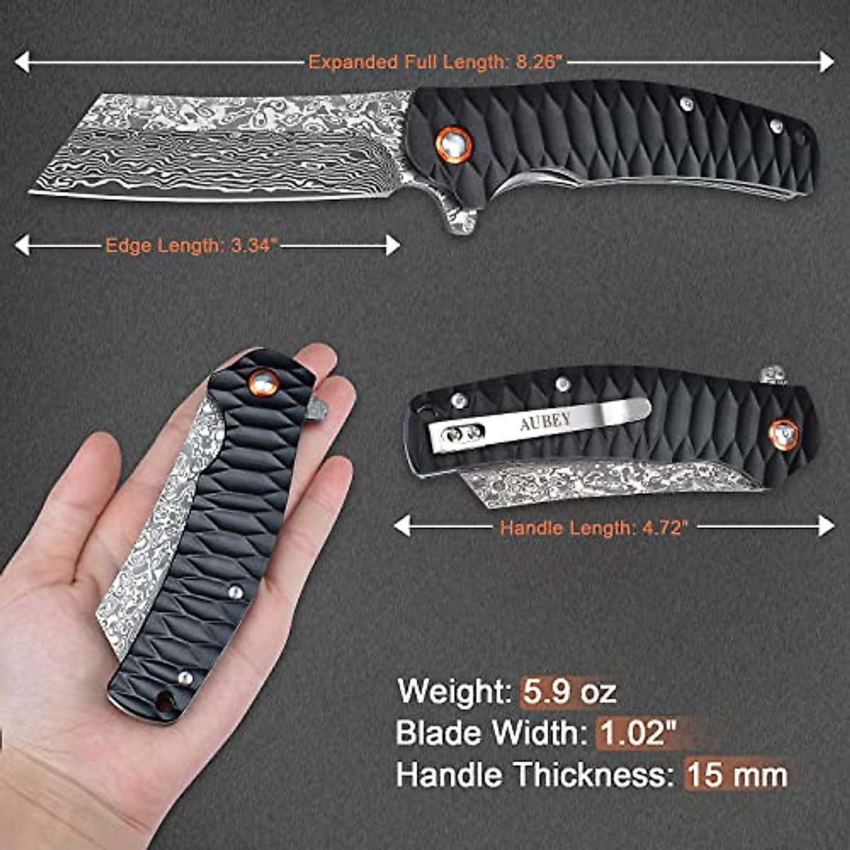 AUBEY EDC Damascus Pocket Knife, 3.34 inch Damascus Steel Hollow Grind Blade, Folding Knife with Liner Lock, Ball Bearing, Aluminum Non-Slip Handle, Damascus Knife for Outdoor Camping Hunting (Black)