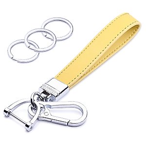 Wisdompro Genuine Leather Car Keychain, Universal Heavy Duty Leather Key FOB Keychain Key Chains Women for Car Keys, 360 Degree Rotation, with Anti-lost D-ring and 3 Keyrings - Yellow