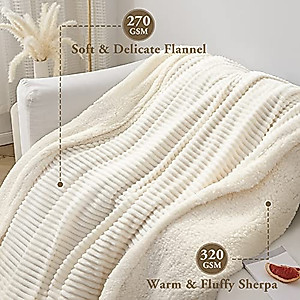 LBRO2M Striped Sherpa Fleece Bed Blanket Queen Size, Super Soft Fuzzy Plush Warm Cozy Fluffy Microfiber Couch Throw Velvet Double Reversible Luxurious Blankets (90x90),Ivory