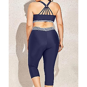 Yonique 3 Piece Plus Size Swimsuits for Women Tankini Tops with Sports Bra and Swim Capris Athletic Bathing Suits Blue and Stripes 20 Plus