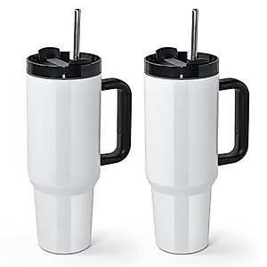 AGH 2 Pack 40 oz Sublimation White Tumbler with Black Handle and Stainless Steel Straw, Insulated Double Wall Vacuum Reusable Cups with Black Leakproof Lid