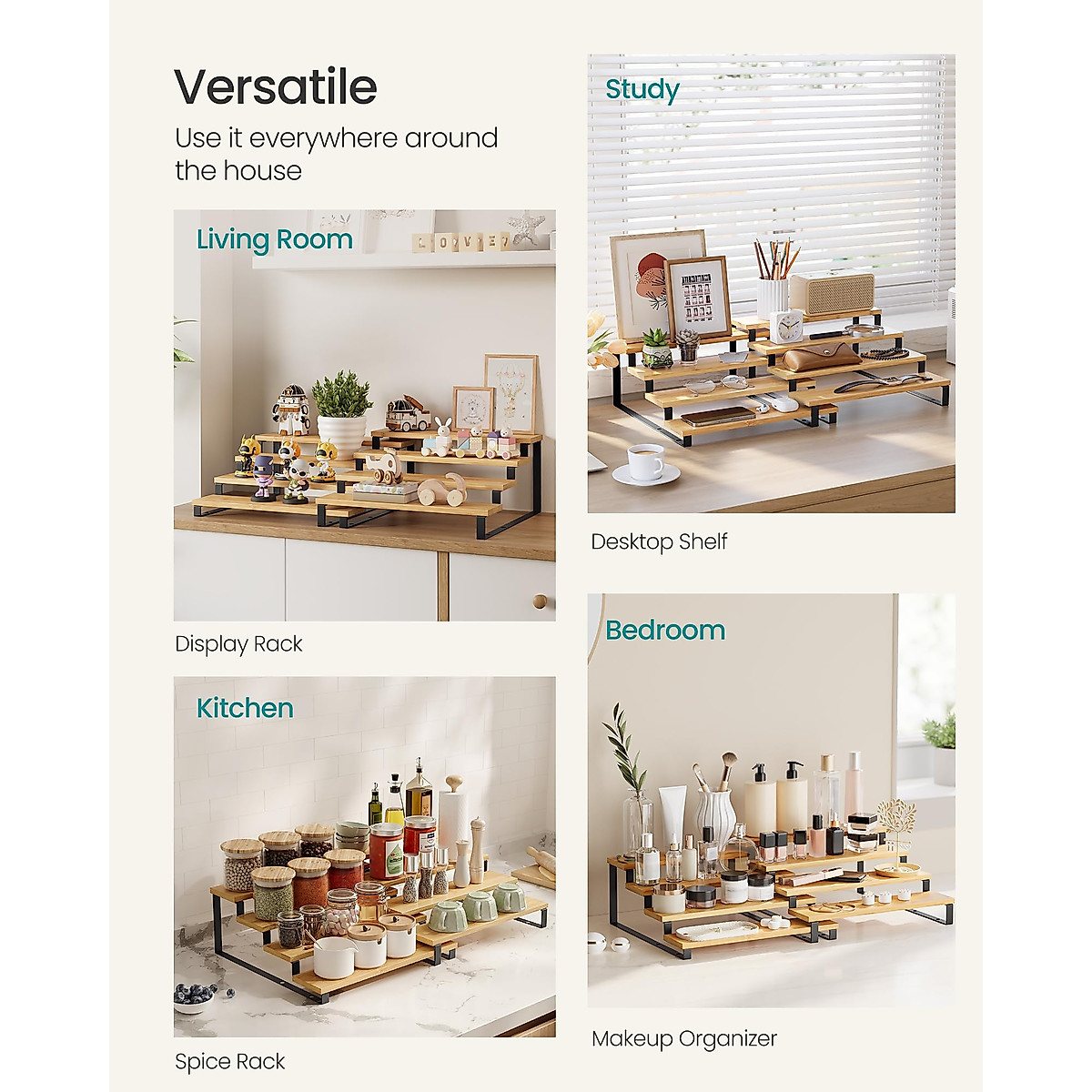 SONGMICS Display Risers, Set of 2 Engineered Wood Perfume Organizer Stand, 4-Tier Cupcake Stand Holder, Spice Rack, Shelf Risers for Figures, Dessert Shelves, Natural Beige and Ink Black UKCS216N01