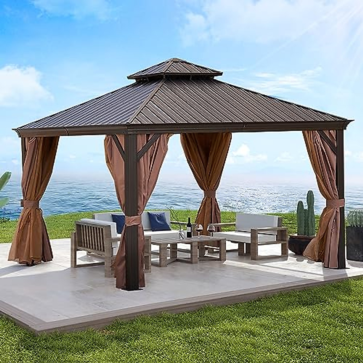 Zevemomo 12x12 ft Hardtop Gazebo, All Weather Outdoor Gazebo with 2 Tiered Steel Roof and Aluminum Frame, Permanent Gazebo with Mosquito Netting and Curtains for Deck, Patio, Backyard, Dark Brown