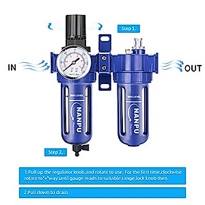 NANPU 3/8" NPT Compressed Air Filter Regulator Lubricator (FRL), Zinc Alloy, 5 Micron Brass Element, 0-150 psi Gauge, Quick Release Bowl, Manual Drain, Metal Bracket