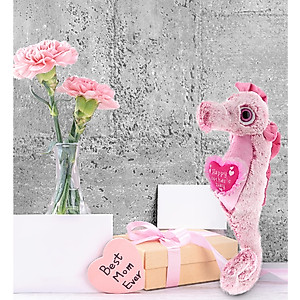 DolliBu Happy Mother's Day Super Soft Plush Pink Seahorse Doll Figure - Cute Stuffed Animal with Pink Heart Message for Best Mommy, Grandma, Wife, Daughter - 15" Inches