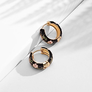 Vintage Enamel Flower Small Hoop Earrings, Retro Japanese Style Flowers Ear Clip-on for Women Delicate Jewelry-black