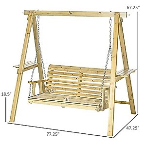Outsunny 2-Seat Porch Swing Loveseat with Stand and Side Tables, Wooden Patio Swing Chair, for Garden, Poolside, Backyard