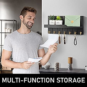 Rebee Vision Decorative Key and Mail Holder for Wall - Farmhouse 15 Inches Floating Shelf with 7 Sturdy Key Hooks for Home Entryway Wall Decor - Rustic Key Racks (Black)