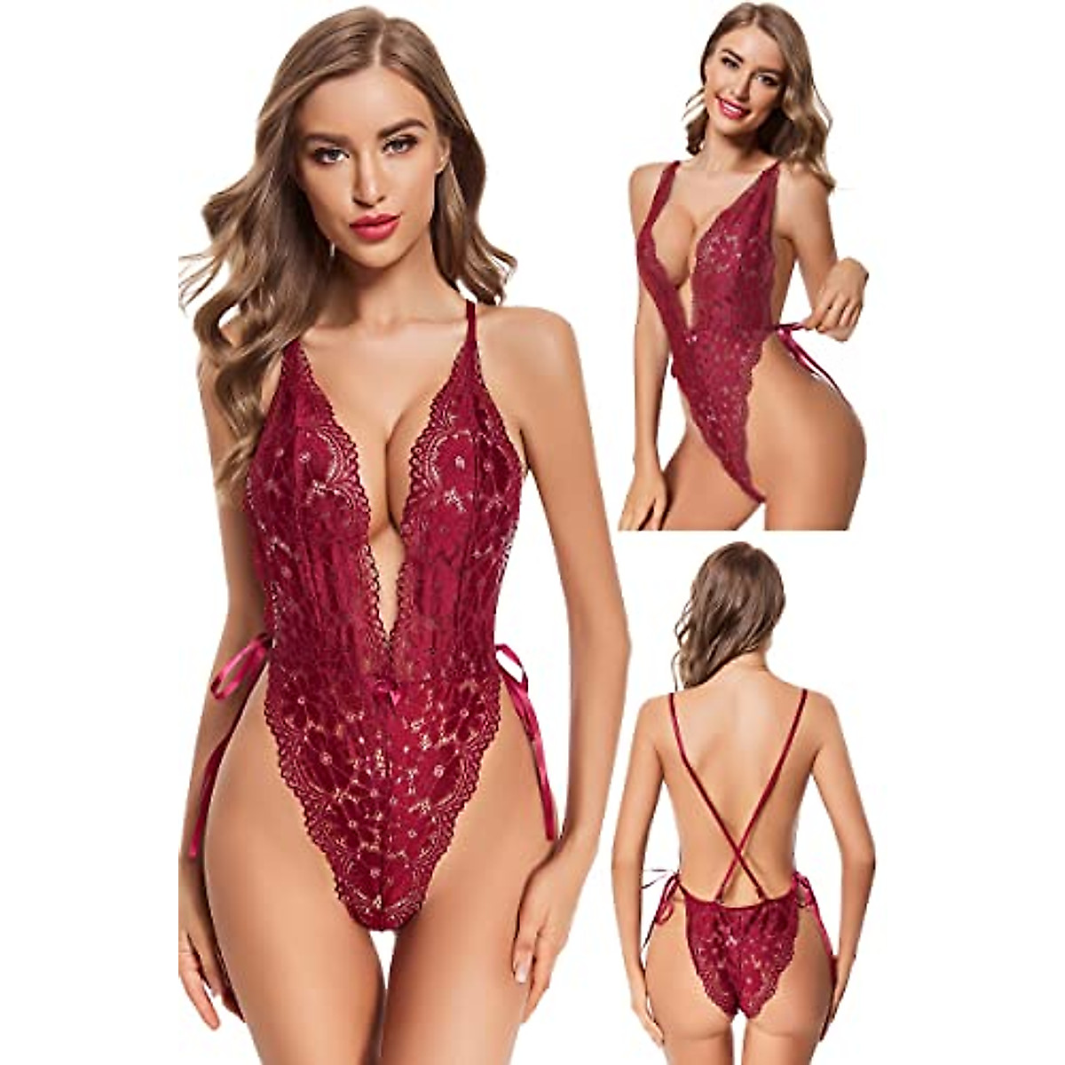 ADSEXY Lingerie for Women Sexy Naughty Teddy Floral See Through Bodysuit Deep V Neck Lace Mini Babydoll Chemise One Piece Red S