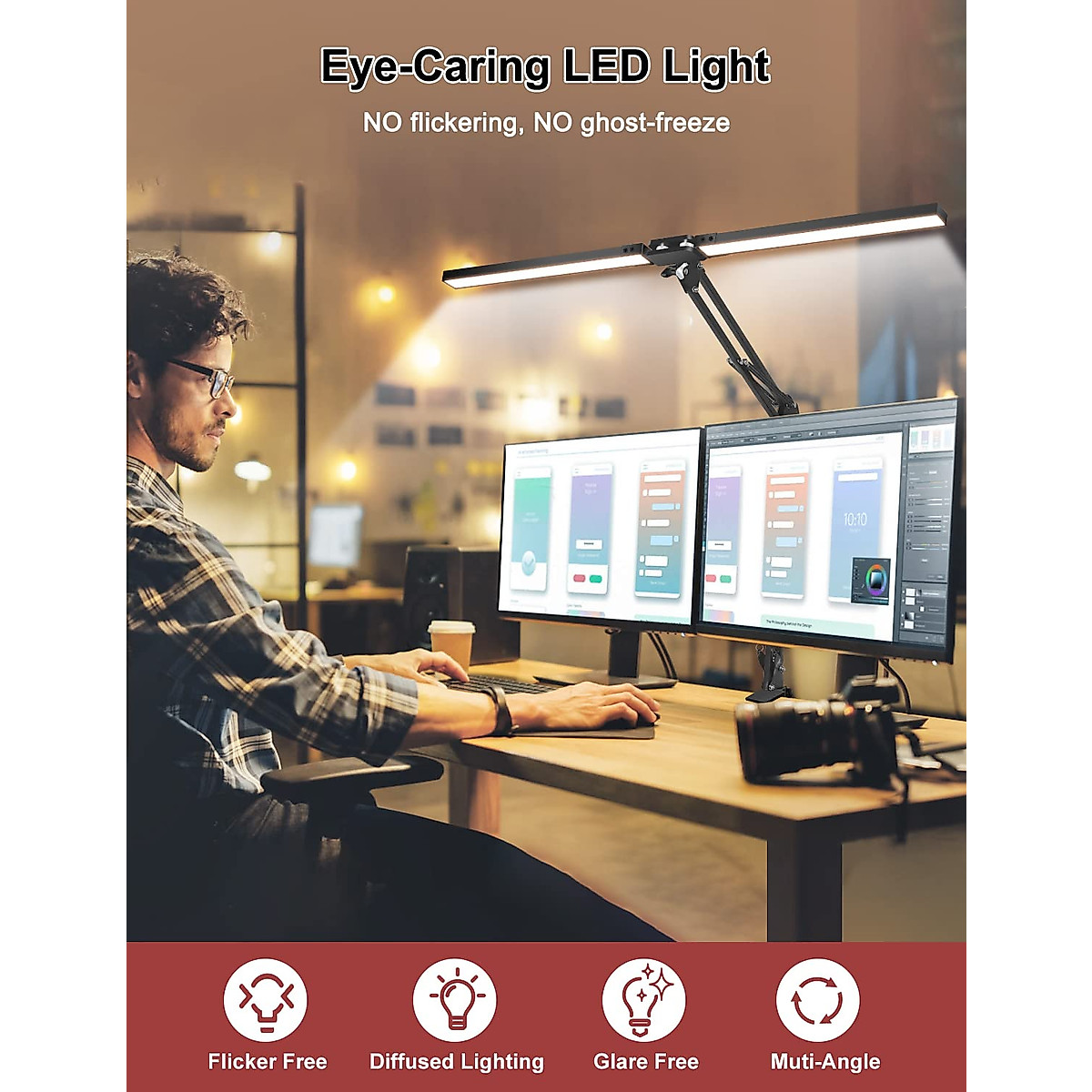 BRISON Double Head LED Desk Lamp, 24W for Home Office with 160 LED Beads, Swivel Arm Architect Desk Light with Clamp, 3 Lighting 10 Brightness, Adjustable Table Light for Read/Monitor/Work