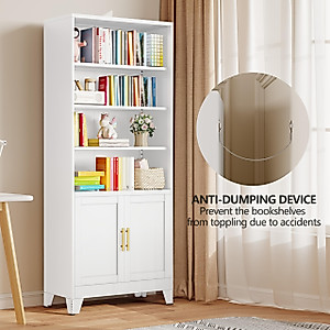 pozdeg 6 Tier Bookshelf and Bookcase, Metal Bookshelves with 4 Adjustable Shelves and 2 Doors, Floor Bookcase and Office Storage Cabinets for Office Study Livingroom Bedroom (White)