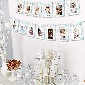 Winter Onederland Birthday Decorations Snowflake First Birthday Photo Banner - Milestone, Monthly Newborn to 12 Months Banner Clips for Snowflake Themed 1st Birthday Party Decorations