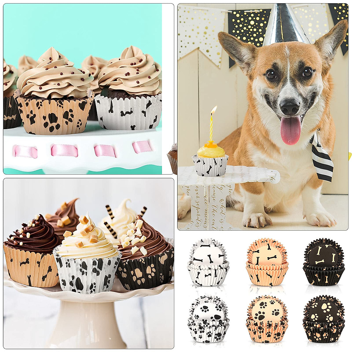 600 Pieces Paw Bone Print Cupcake Liners Puppy Cupcake Holders Dog Theme Cupcake Wrappers Nonstick Baking Cups Paper Muffin Cake Cups for Birthday Wedding Animal Party Favor (Elegant Style)
