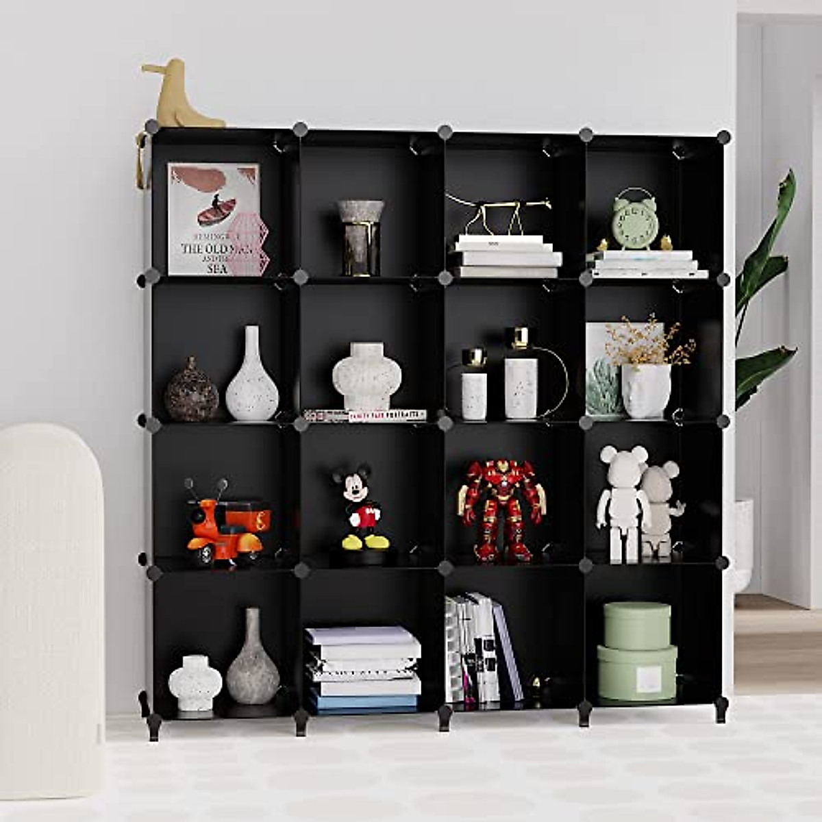 HOMIDEC Cube Storage Organizer 16-Cube Storage Shelf, Closet Organizer for Garment Racks, Closet Organizers and Storage with Metal Hammer, Bookshelf for Kids, (48.4 L x 12.2 W x 48.4 H Inches),Black