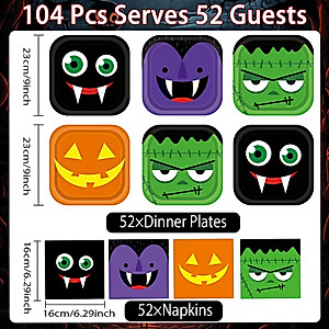 Halloween Plates and Napkins Set Halloween Party Supplies 4 Design Pumpkin Vampire Bat Disposable Plates Tableware Decor for Spooky Themed Party Birthday Holiday Dinner Decorations, Serves 52 Guests